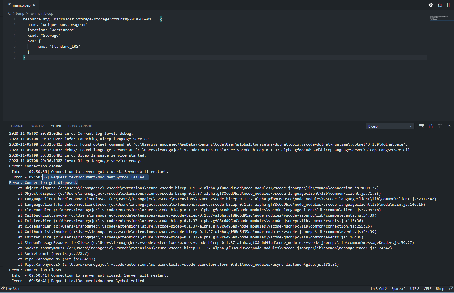 Bicep language server crashing in VS Code · Issue #832 · Azure/bicep · GitHub