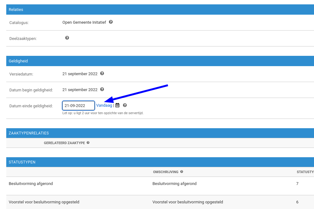 Admin: Gepubliceerde Zaaktype einddatum geven en opslaan niet mogelijk, alleen 'nieuwe versie ...
