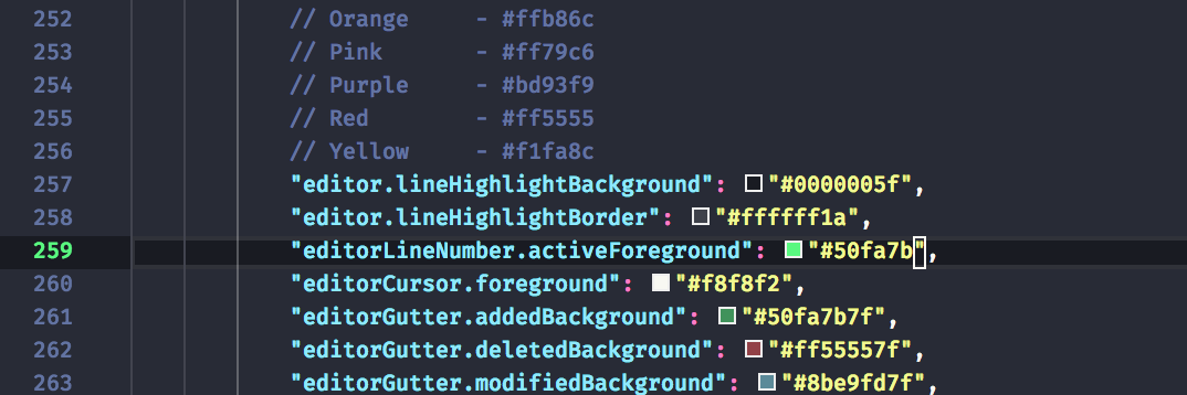 add editorActiveLineNumber.foreground by klebercode · Pull Request #69 · dracula/visual-studio ...