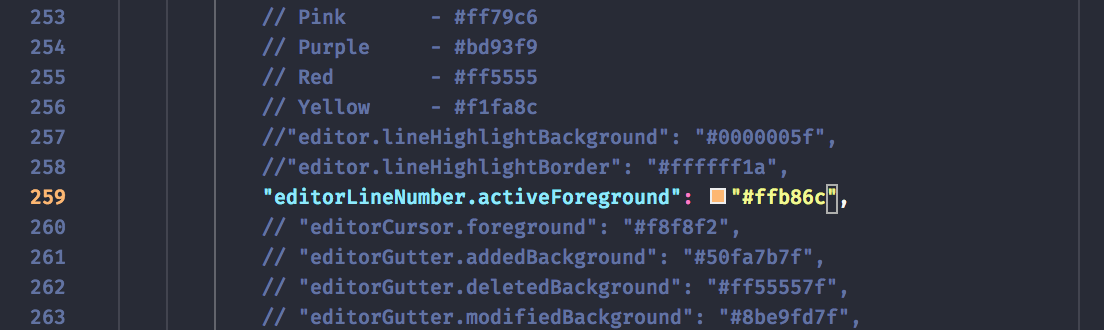 add editorActiveLineNumber.foreground by klebercode · Pull Request #69 · dracula/visual-studio ...