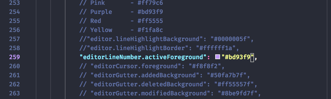 add editorActiveLineNumber.foreground by klebercode · Pull Request #69 · dracula/visual-studio ...