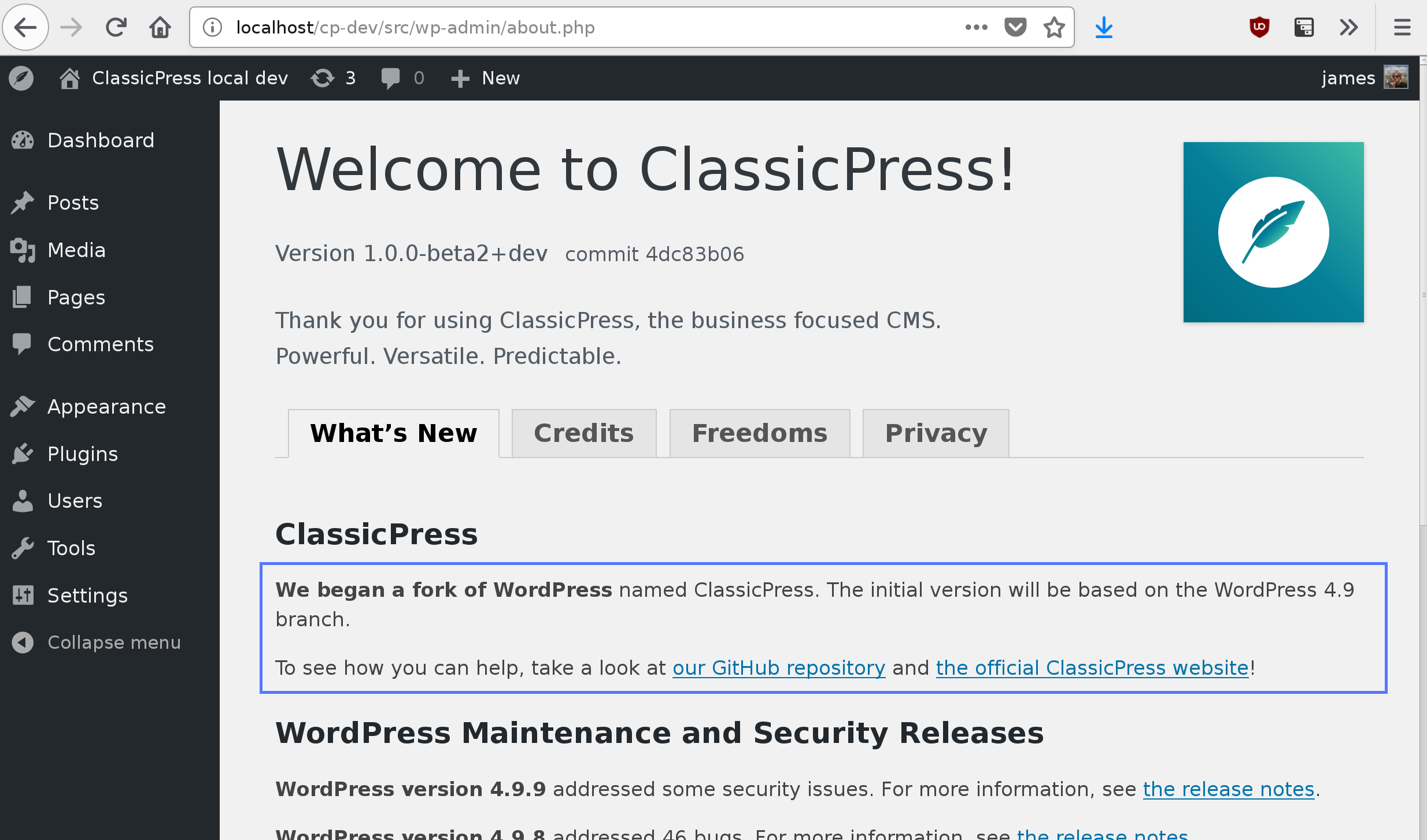 Move Welcome widget content to About dashboard page · Issue #158 · ClassicPress/ClassicPress-v1 ...