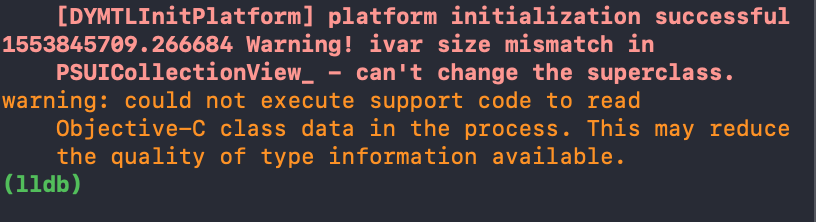 warning: could not execute support code to read Objective-C class data in the process. This may ...