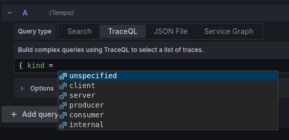 [TraceQL] Support kind in Intellisense · Issue #64905 · grafana/grafana · GitHub