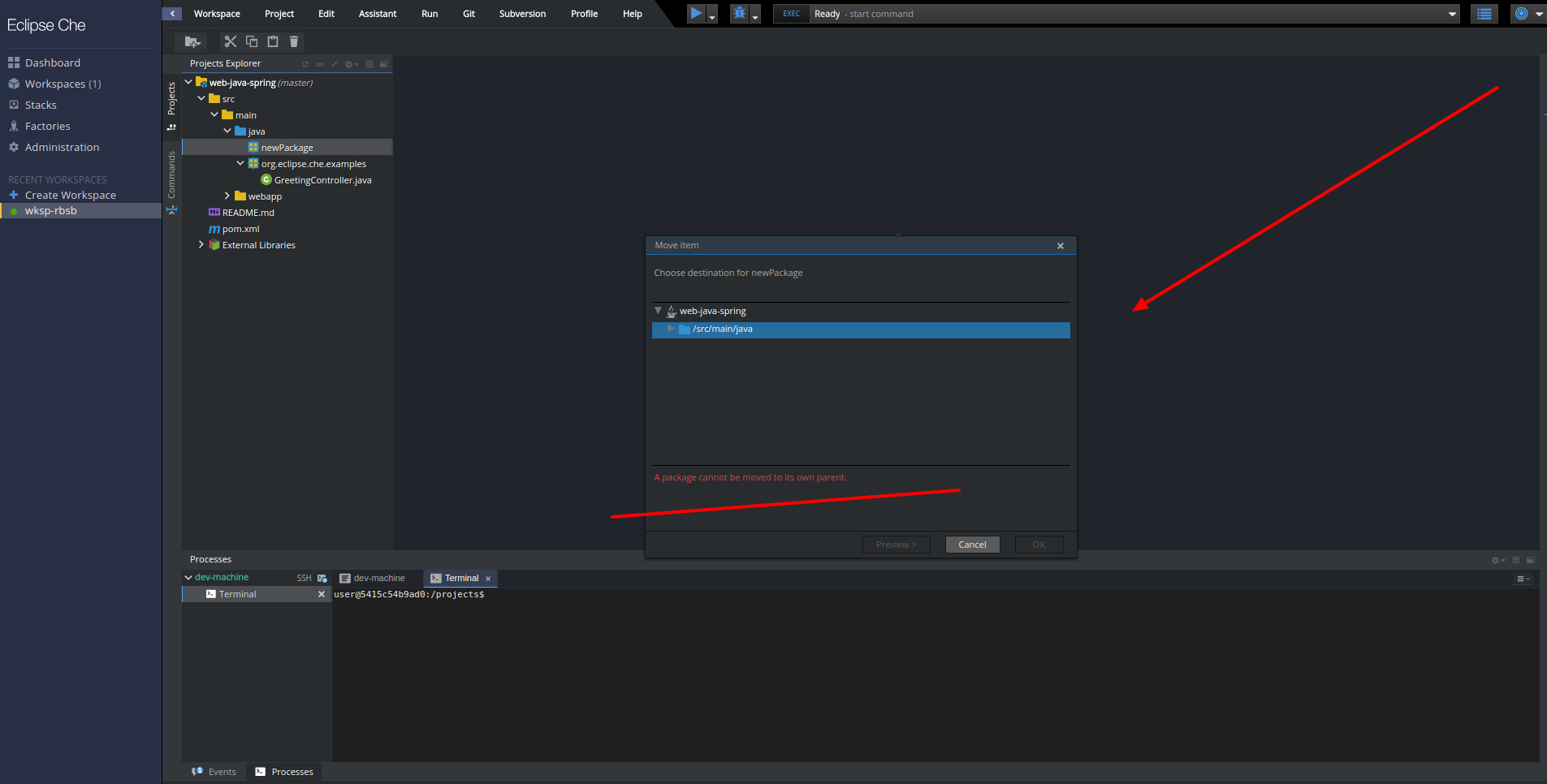 Can not move java package in the another java package · Issue #6154 · eclipse-che/che · GitHub