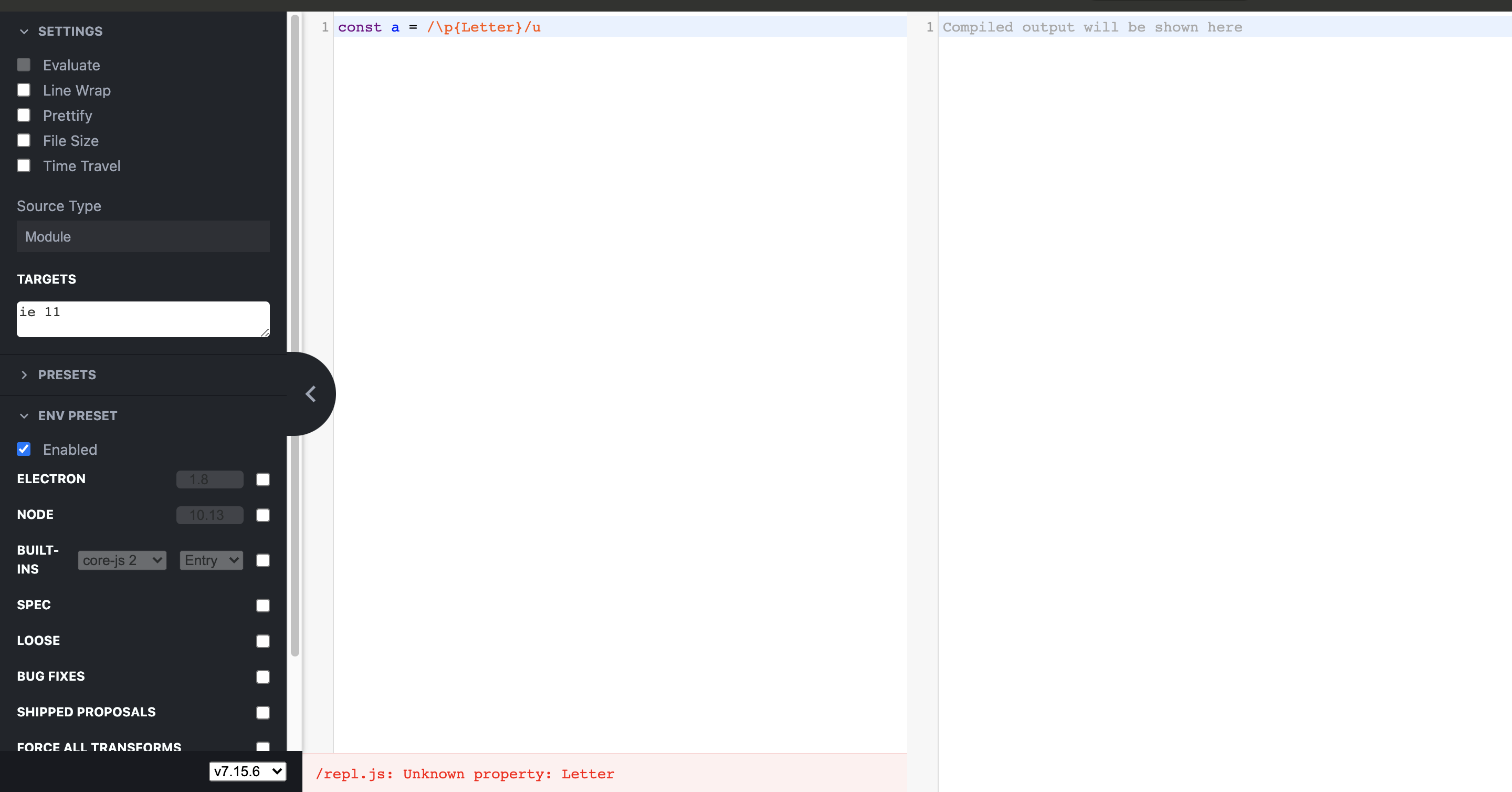 Can't compile `/\p{Letter}/u` in REPL · Issue #13765 · babel/babel · GitHub