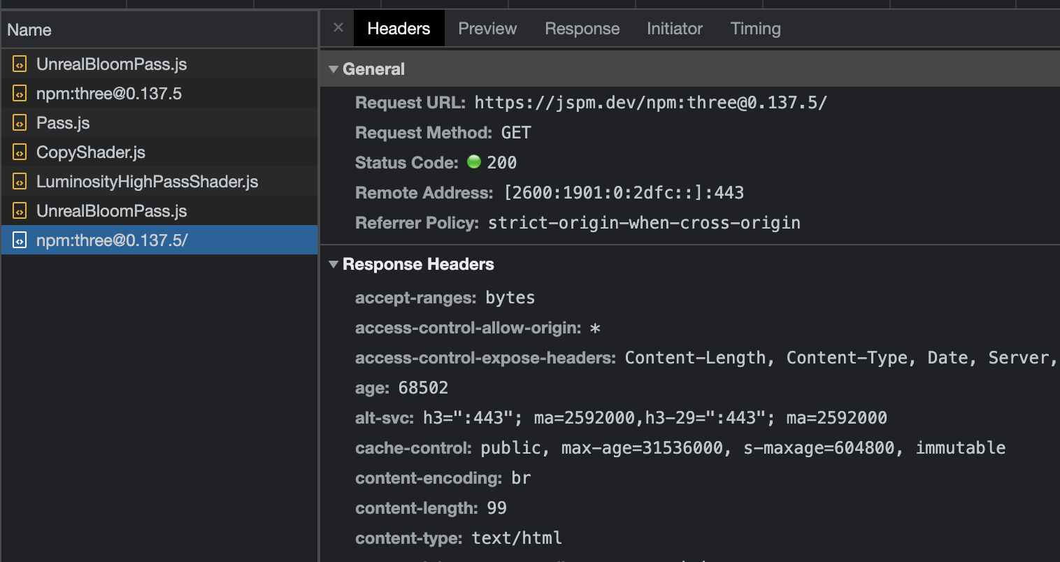 Response type error when import 'https://jspm.dev/three/examples/jsm/postprocessing ...