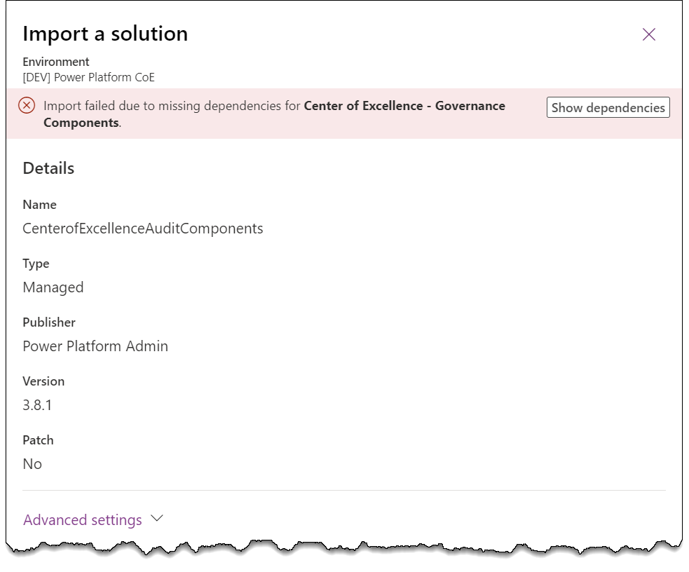 [CoE Starter Kit - BUG] Error "Missing dependency Center of Excellence - Governance Components ...