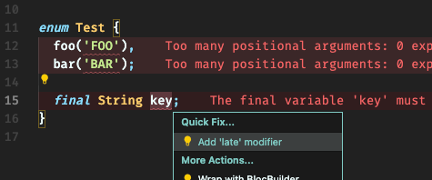 Option to generate enum constructor in code action pop-up · Issue #52601 · dart-lang/sdk · GitHub