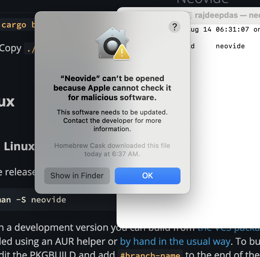 “Neovide” can’t be opened because Apple cannot check it for malicious software. · Issue #19764 ...
