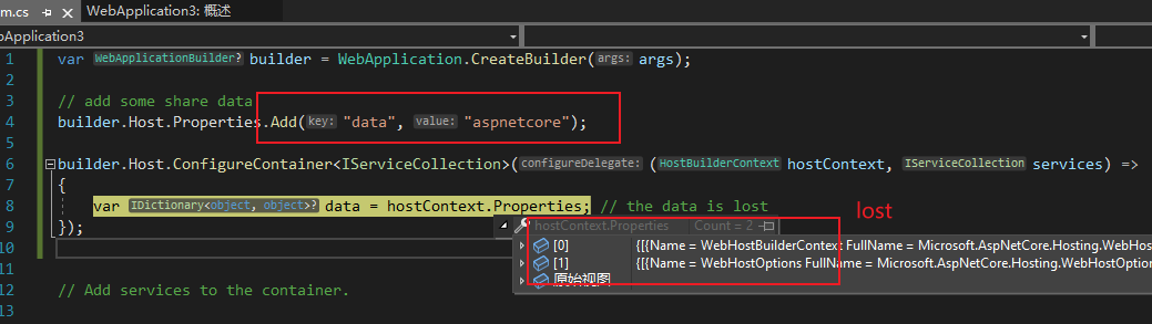 🐞 `WebApplication.CreateBuilder(args).Host.Properties` cannot share context value. · Issue ...