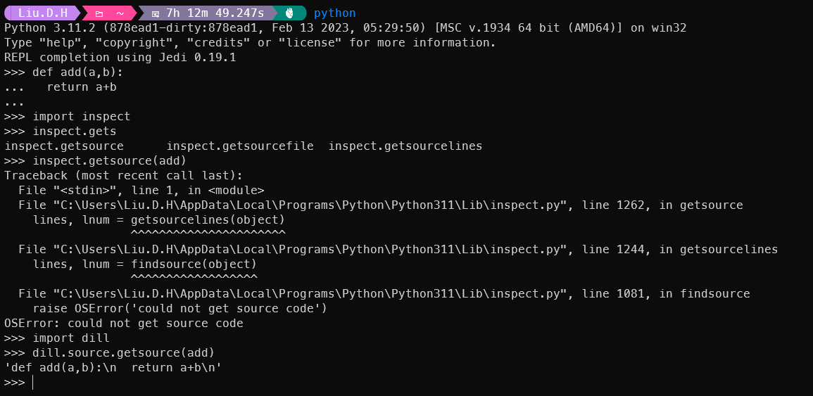 inspect.getsource only works for objects loaded from files, not interactive session · Issue ...