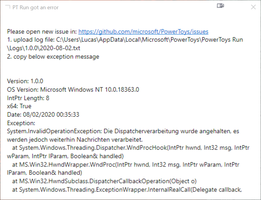 Pt Run Got An Error · Issue 5459 · Microsoftpowertoys · Github