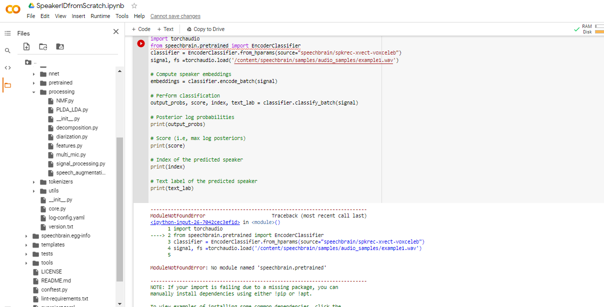 Error in executing the Colab tutorial · Issue #858 · speechbrain/speechbrain · GitHub