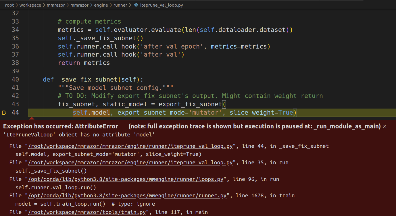 [FIX] change self.model to self.runner.model in iteprune_val_loop by ...