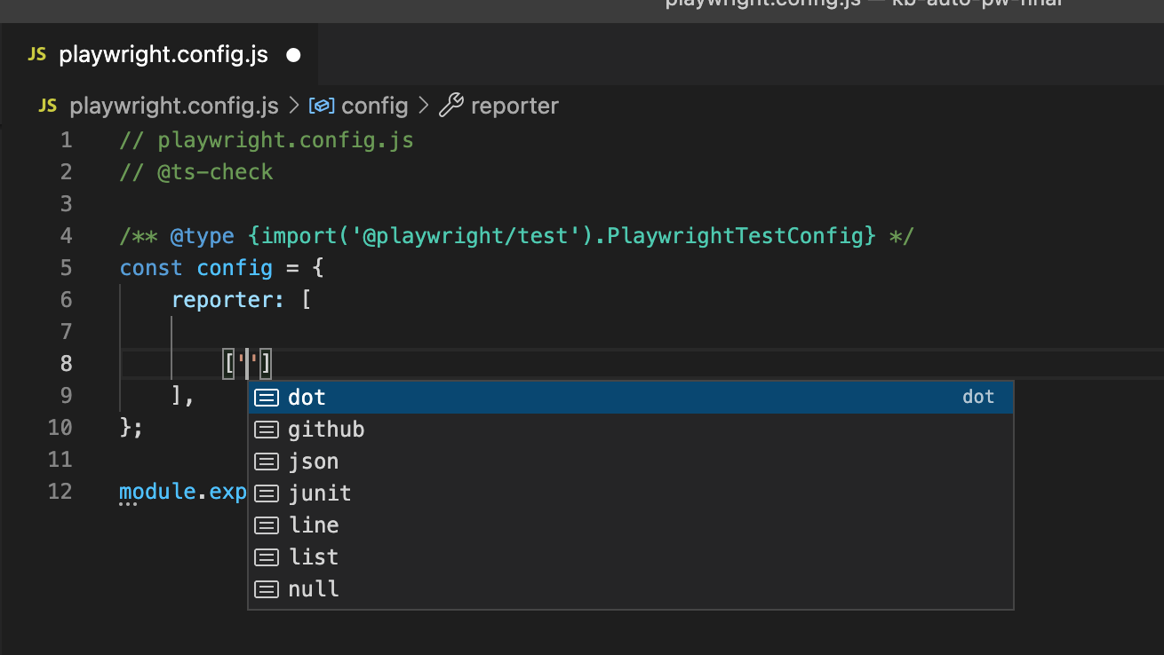 [BUG] 'html' reporter is not listed in playwright.config.js type ...