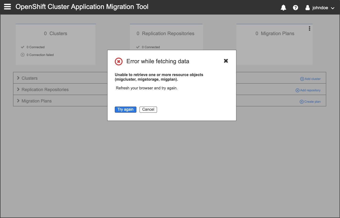 No error message shown when fetching resources fails · Issue #689 · migtools/mig-ui · GitHub