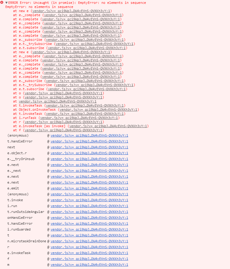Stuck at landing page "Error: Uncaught (in promise): EmptyError: no elements in sequence ...