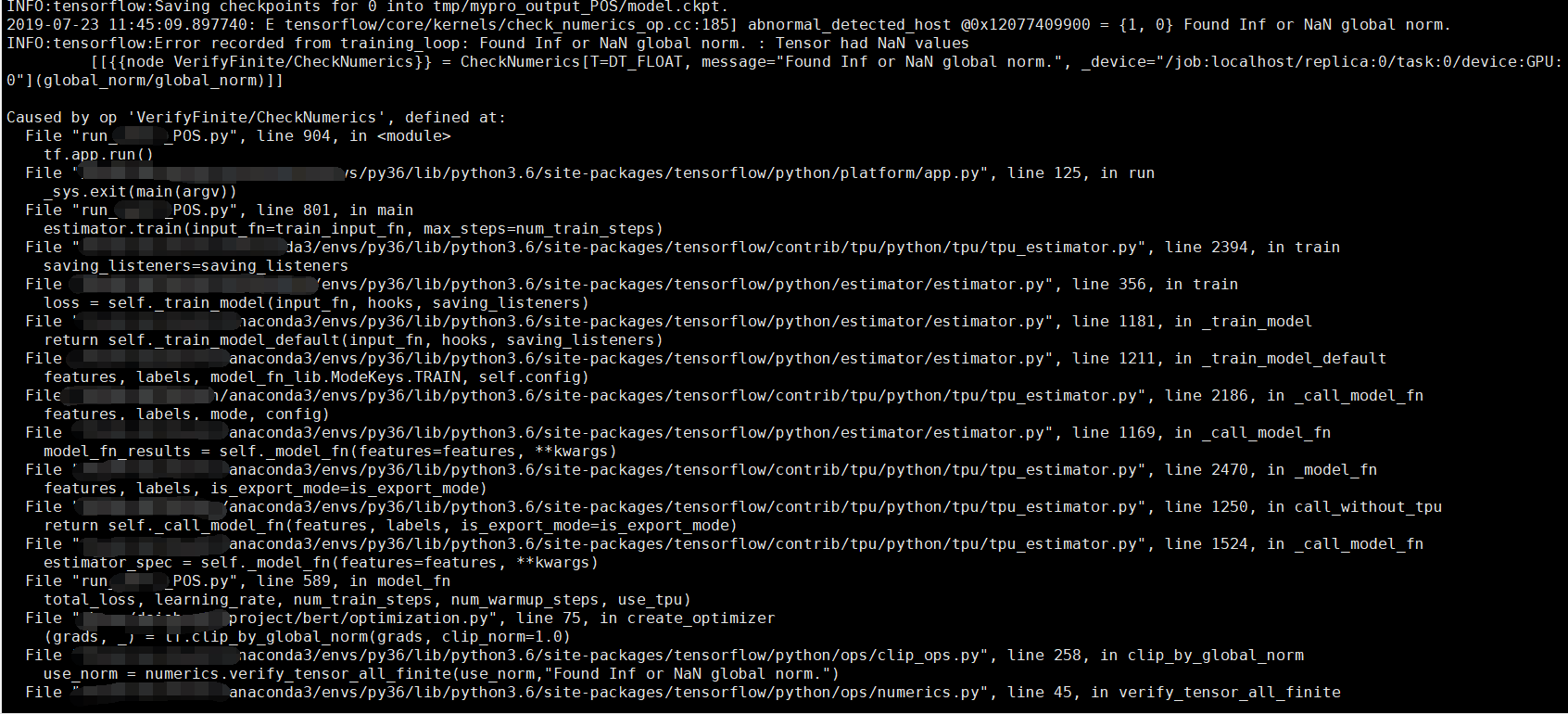 InvalidArgumentError (see above for traceback): Found Inf or NaN global norm. : Tensor had NaN ...