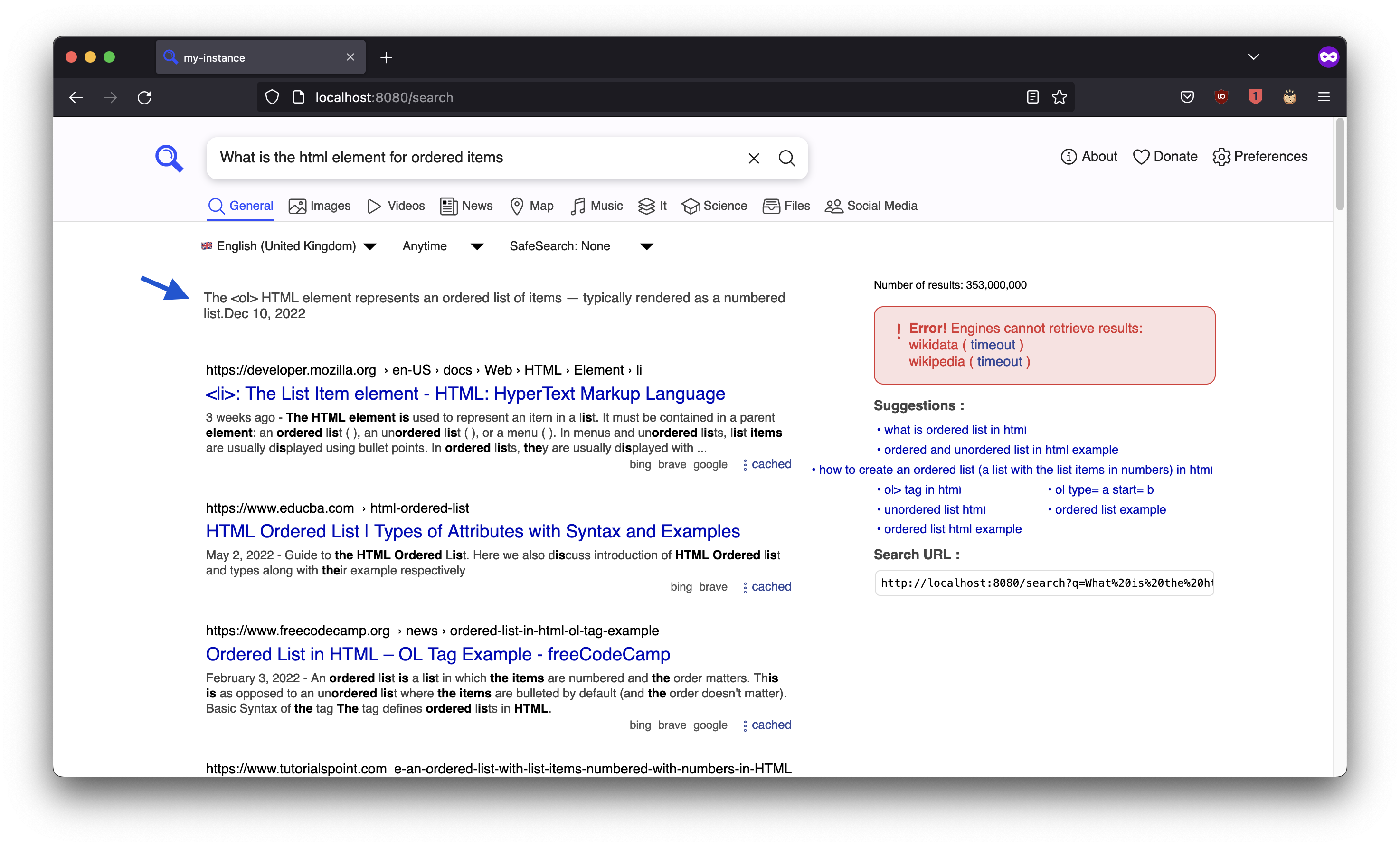 What versions of searx or(another search engine) have snippets ...