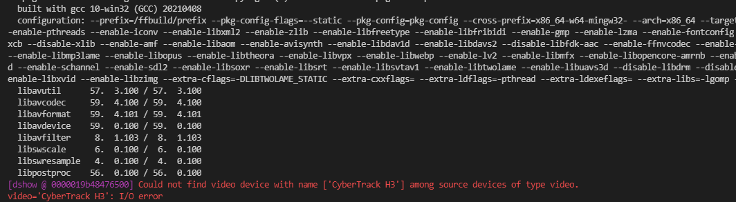 exec.Command run ffmpeg error Could not find video device with name XXX among source devices of ...