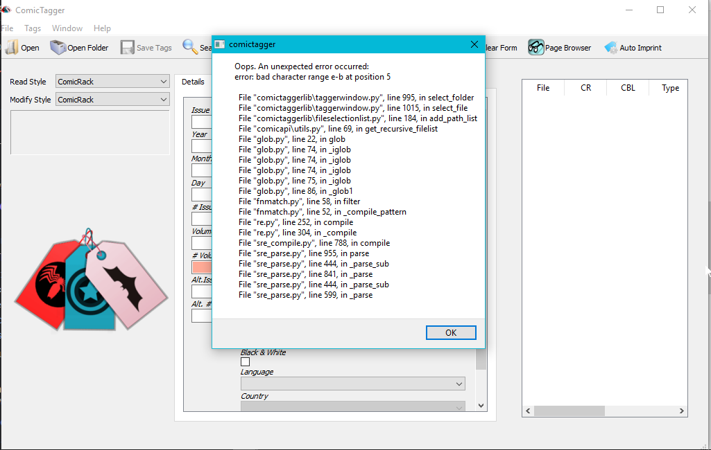 Unexpected Error: bad character range e-b at position 5? · Issue #449 · comictagger/comictagger ...
