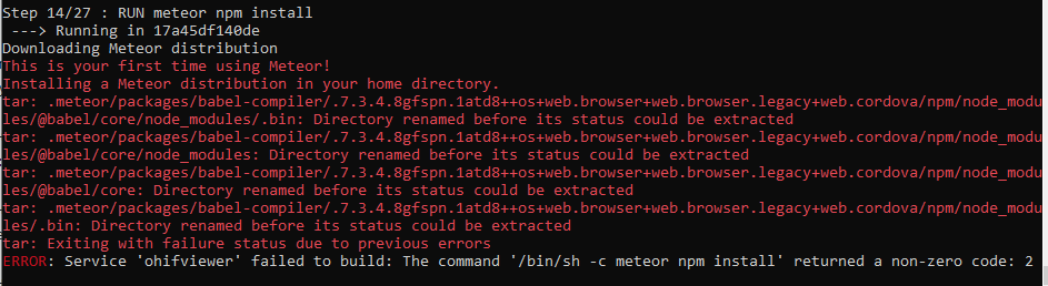failed to build: The command '/bin/sh -c curl https://install.meteor.com/ | sh' returned a non ...