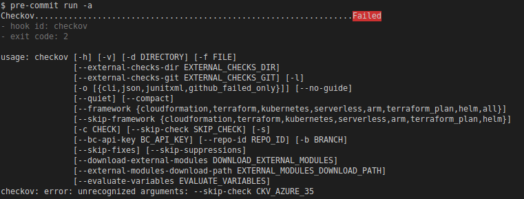 Pre-commit hook not working with --skip-check argument · Issue #976 · bridgecrewio/checkov · GitHub