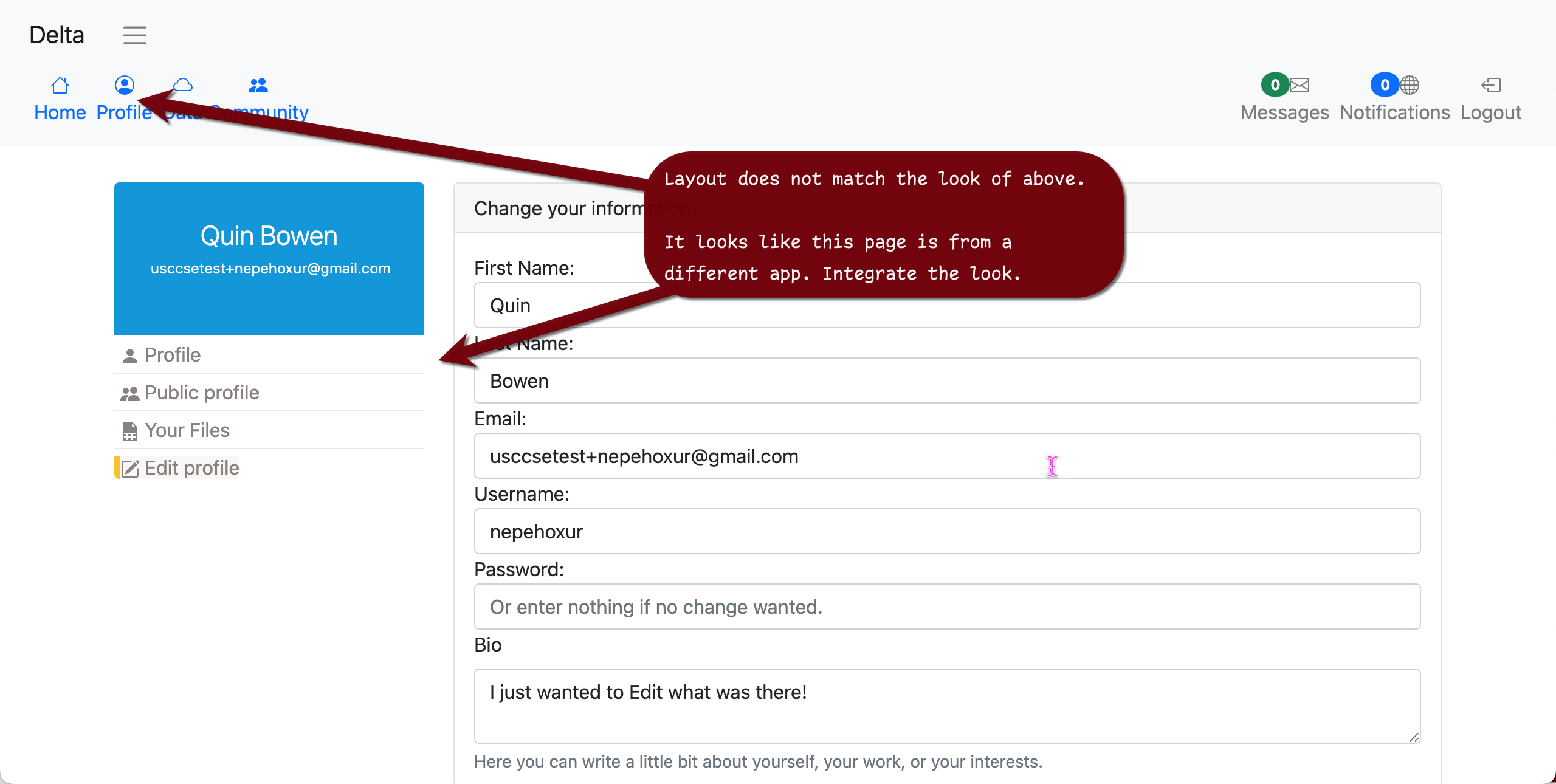 Profile page looks like it belongs in a different app · Issue #440 · SCCapstone/Delta · GitHub