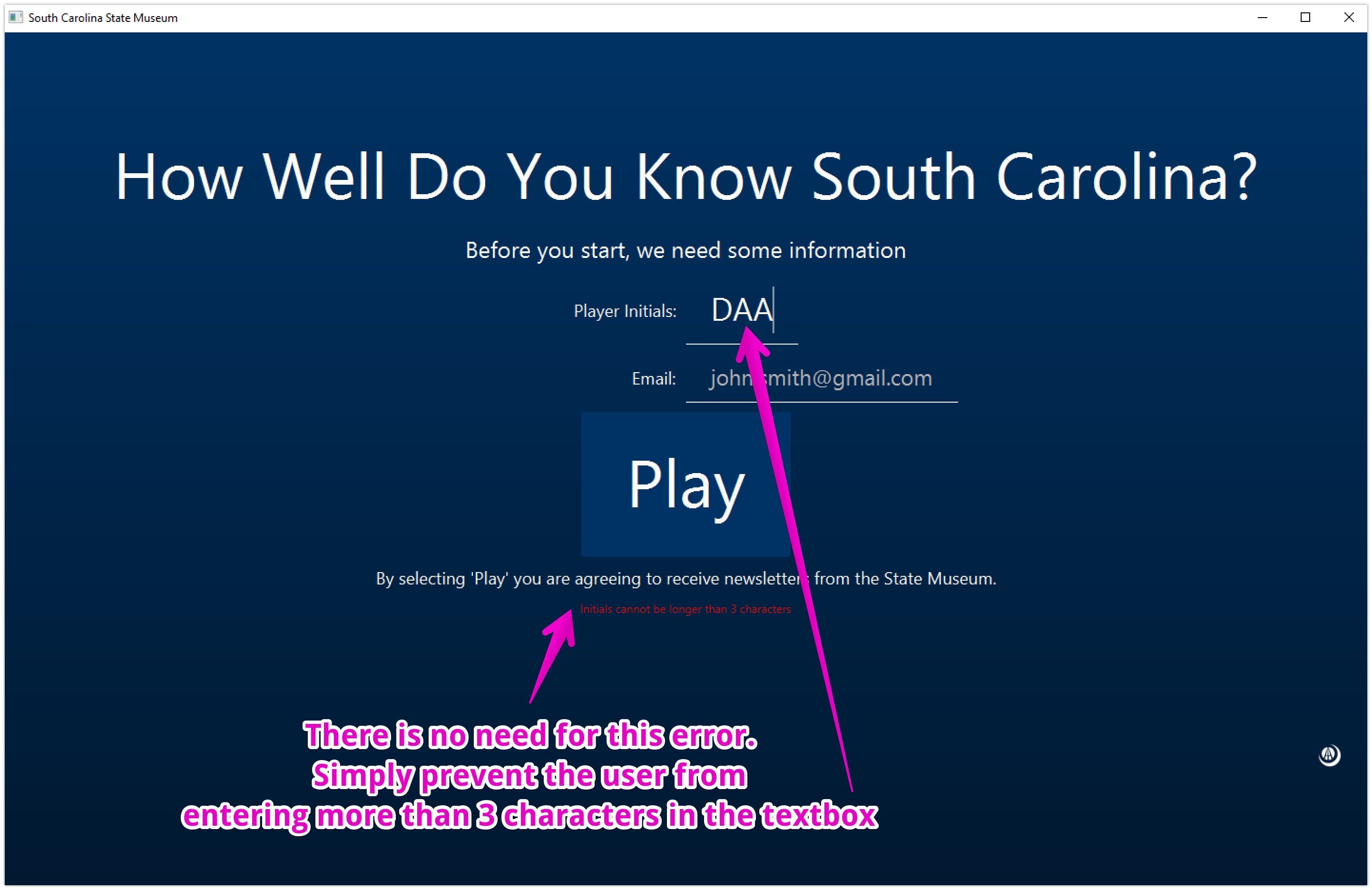 Don't let the user enter more than 3 initials · Issue #118 · SCCapstone/teamMuseumKiosk · GitHub