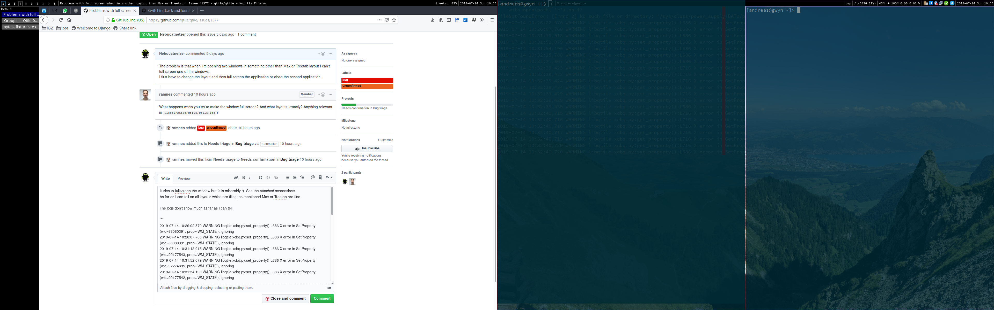 Problems with full screen when in another layout than Max or Treetab · Issue #1377 · qtile/qtile ...
