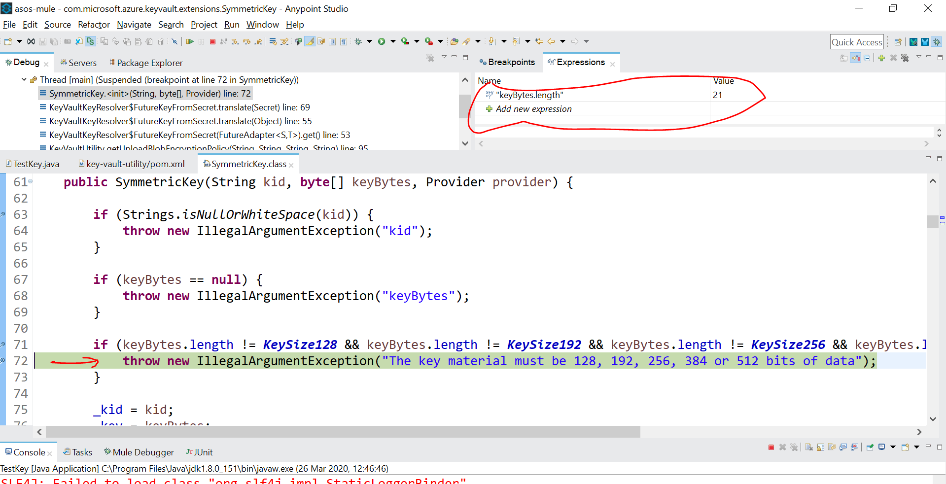 Azure Key Vault + AAD - IllegalArgumentException - The key material must be 128, 192, 256, 384 ...