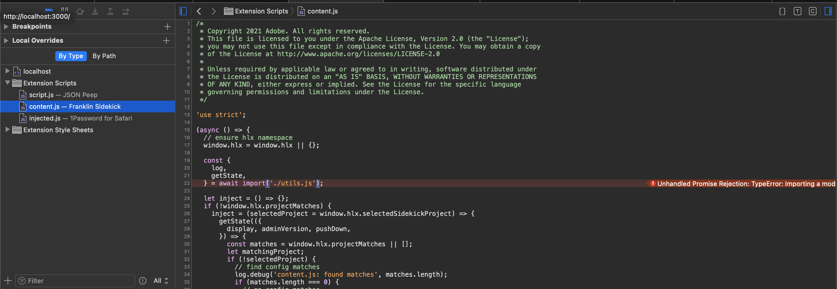 Safari extension: TypeError importing a module script failed in js console (on localhost ...