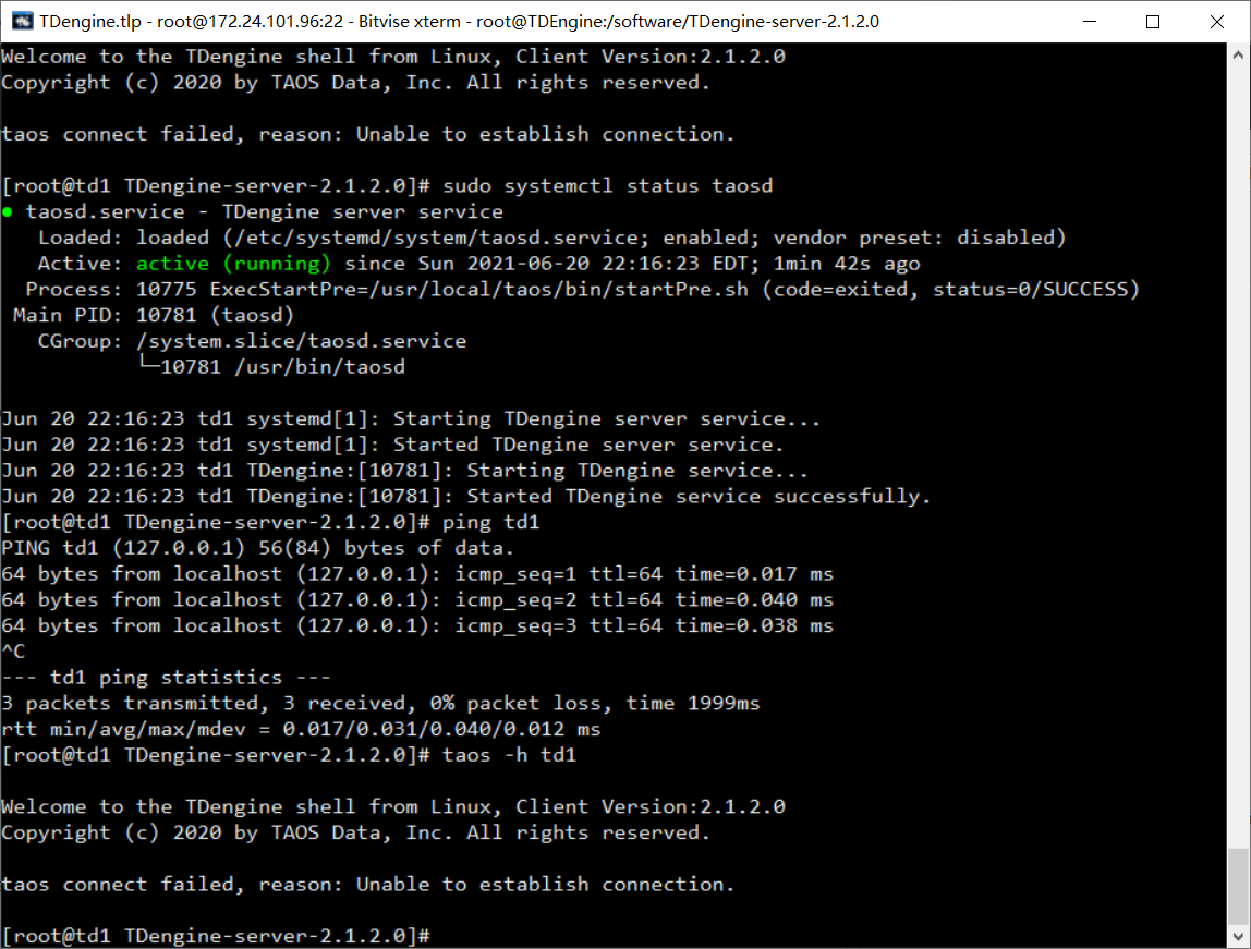 taos connect failed, reason: Unable to establish connection. · Issue #6558 · taosdata/TDengine ...
