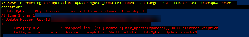 Update-MgUser failure: Object reference not set to an instance of an object. · Issue #370 ...