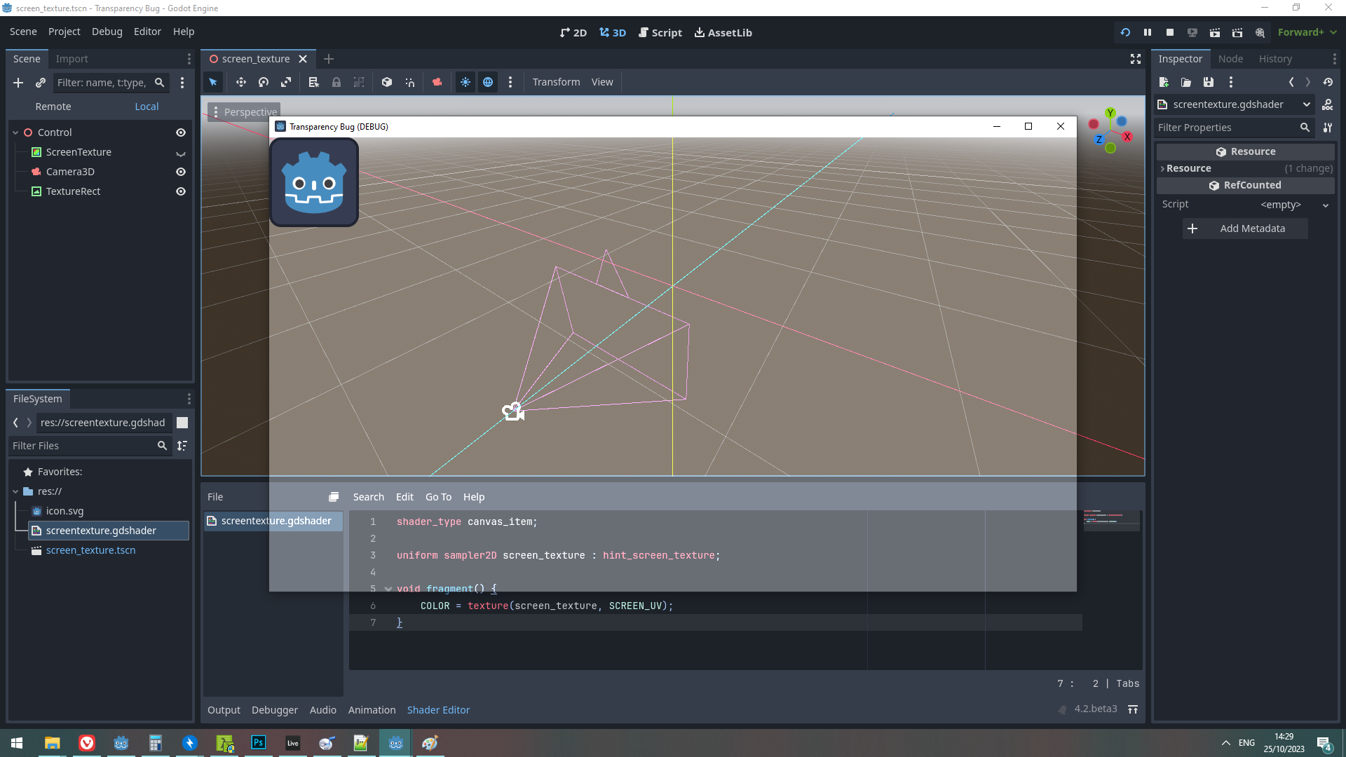 Window transparency enabled + a hidden screen-reading shader over a Camera3D makes the game ...