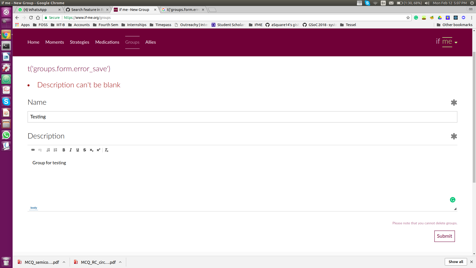 Unwanted message when I try to create group without Description · Issue #807 · ifmeorg/ifme · GitHub