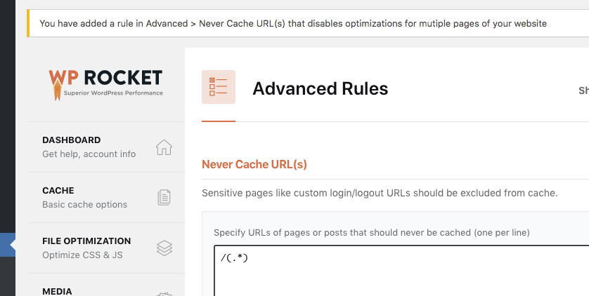 Display a warning when the user adds "/" into the Never Cache URL(s ...
