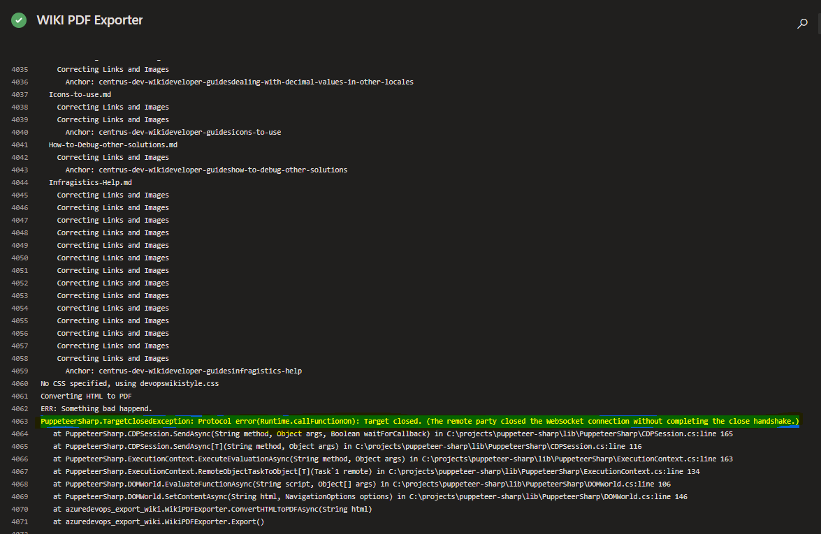 PuppeteerSharp.TargetClosedException: Protocol error(Runtime.callFunctionOn): Target closed ...