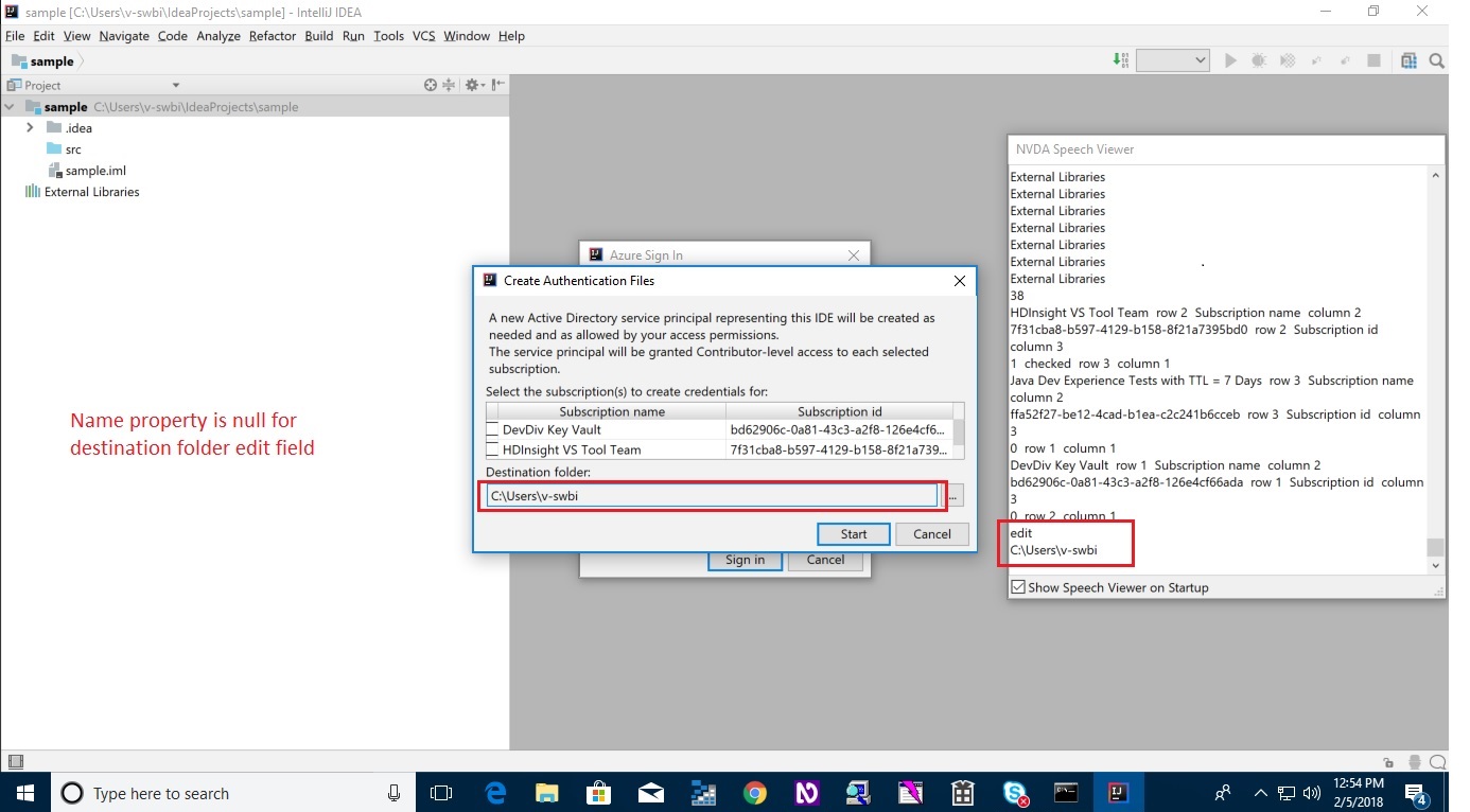 [Azure Toolkit][A11yMAS][Accessibility][Jaws/NVDA][MAS4.2.1][IntelliJ][Wipro]: Jaws and NVDA are ...