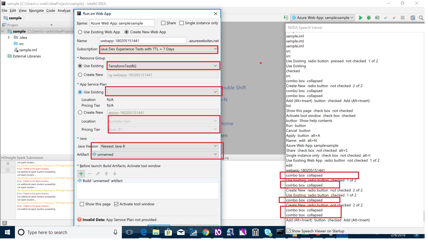 [Azure Toolkit][A11yMAS][Accessibility][Jaws/NVDA][MAS4.2.1][IntelliJ][Wipro]: Jaws and NVDA are ...