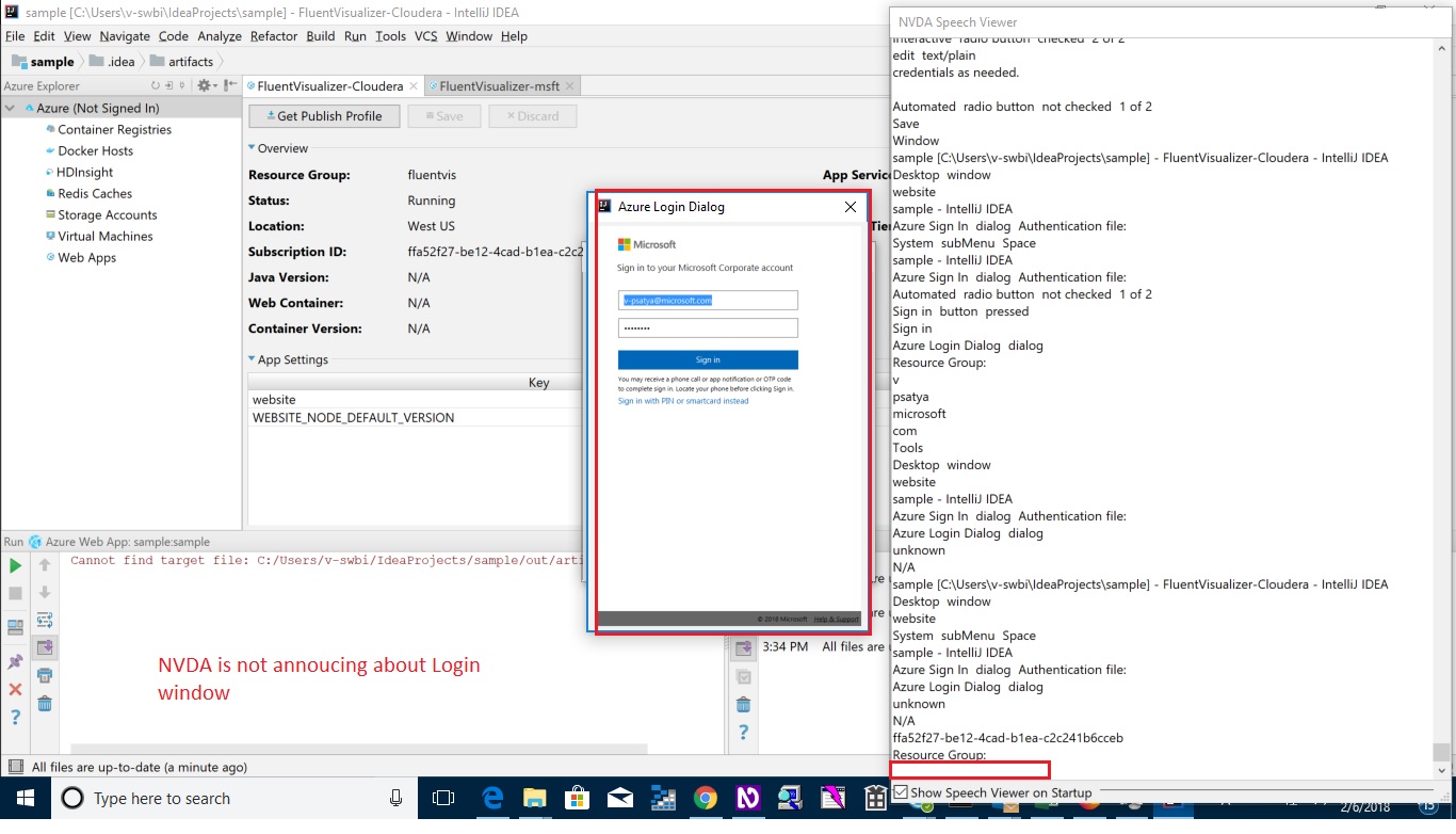 [Azure Toolkit][A11yMAS][Accessibility][Jaws/NVDA][MAS4.2.1][IntelliJ][Wipro]:Jaws and NVDA are ...