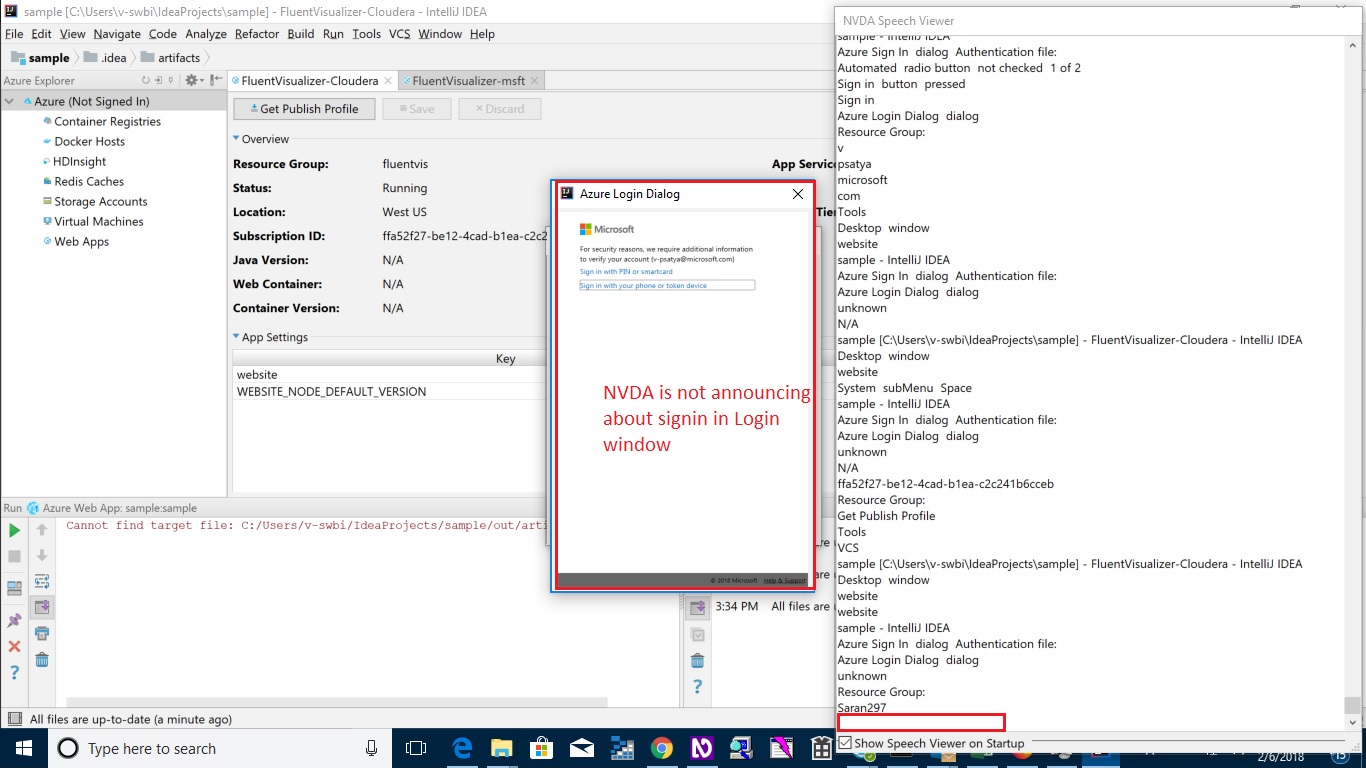 [Azure Toolkit][A11yMAS][Accessibility][Jaws/NVDA][MAS4.2.1][IntelliJ][Wipro]:Jaws and NVDA are ...