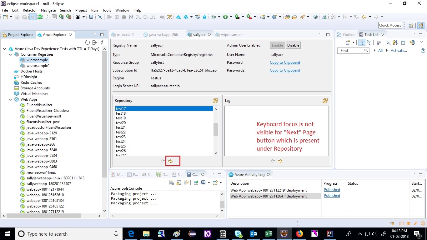 [Azure Toolkit][A11yMAS][Accessibility][Keyboard][MAS2.4.7][Eclipse][Wipro]:Keyboard focus is ...