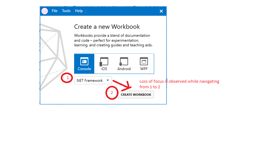 Loss of focus is observed while navigating from ".NET Framework/ .NET ...