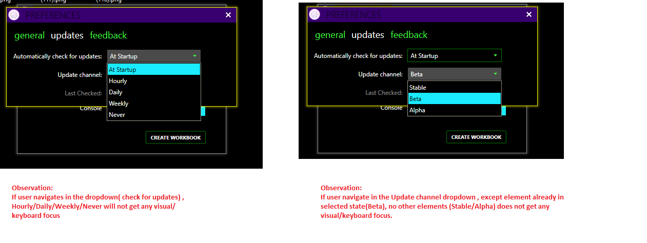Drop down elements are not getting visual focus / Keyboard focus except ...