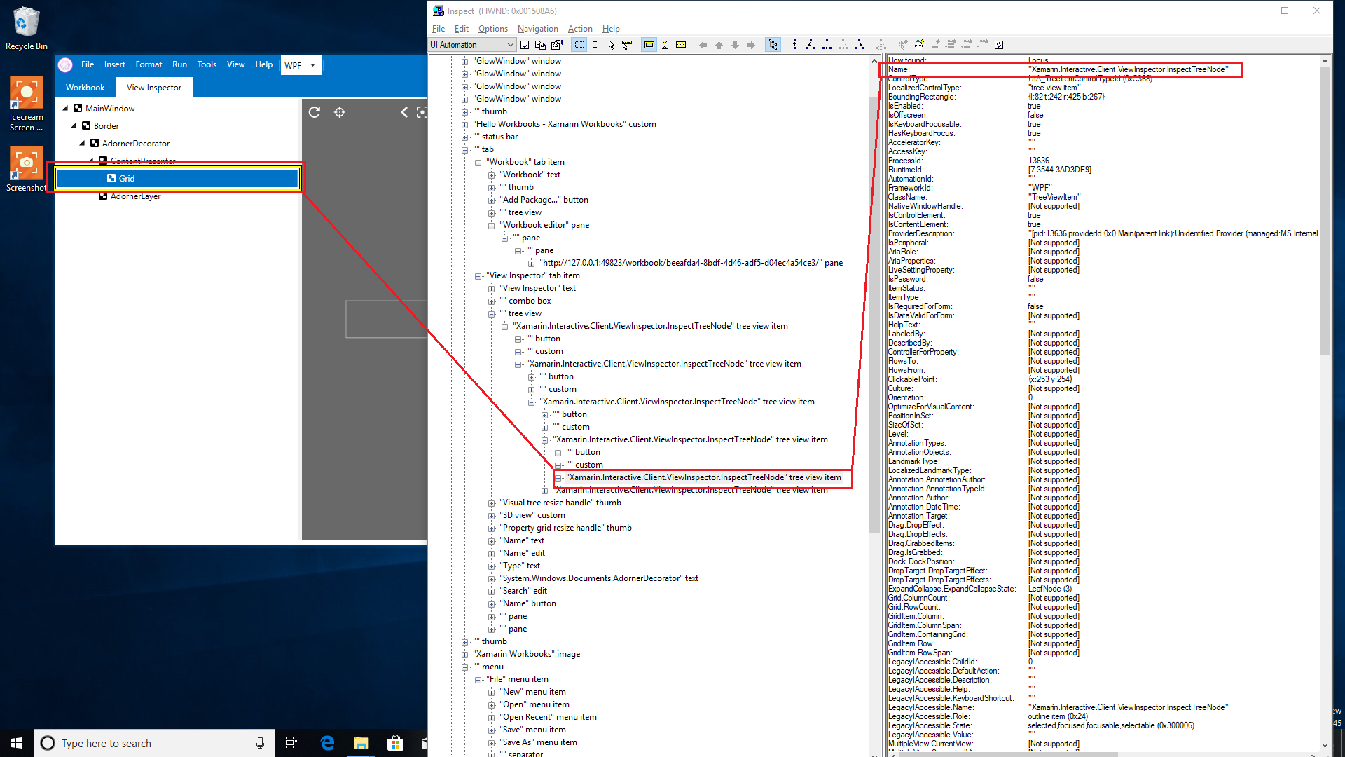 Name property for Tree item in Left pane for 'View Inspect' tab items ...