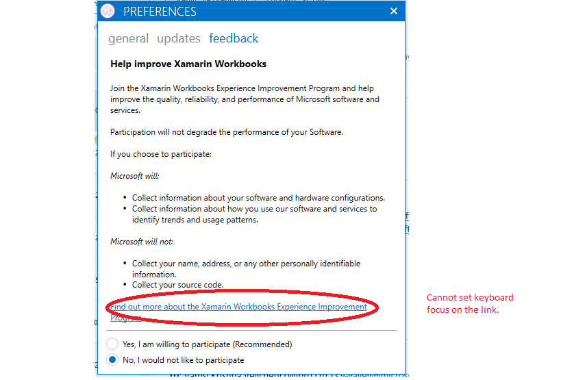 Cannot able to set focus on "Find out more about the Xamarin Workbooks ...