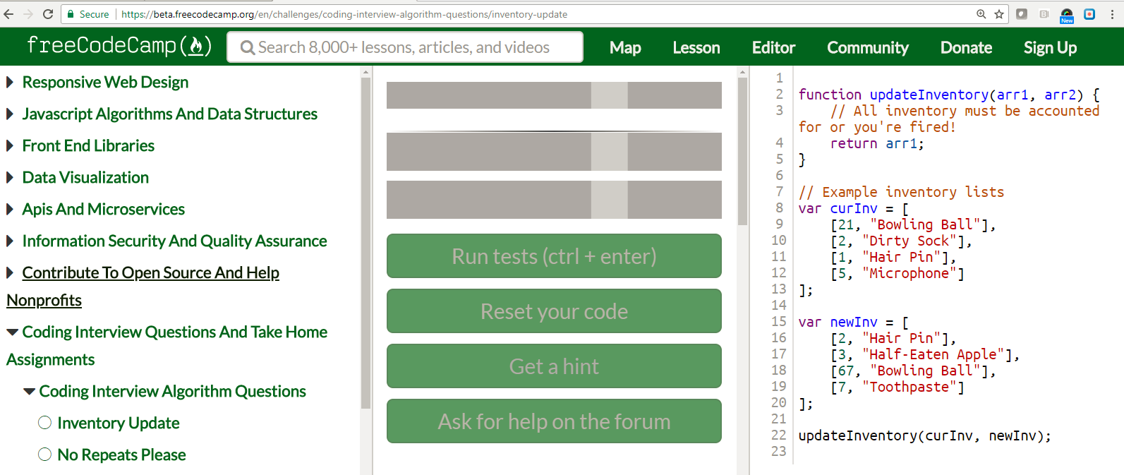 [Beta] Coding Interview Algorithm Questions section - Something went ...