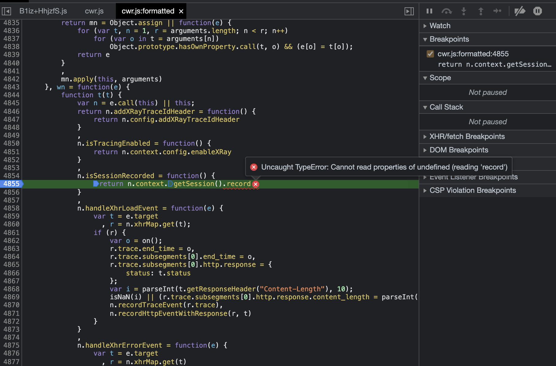 n.context.getSession().record fails since if getSession() returns ...